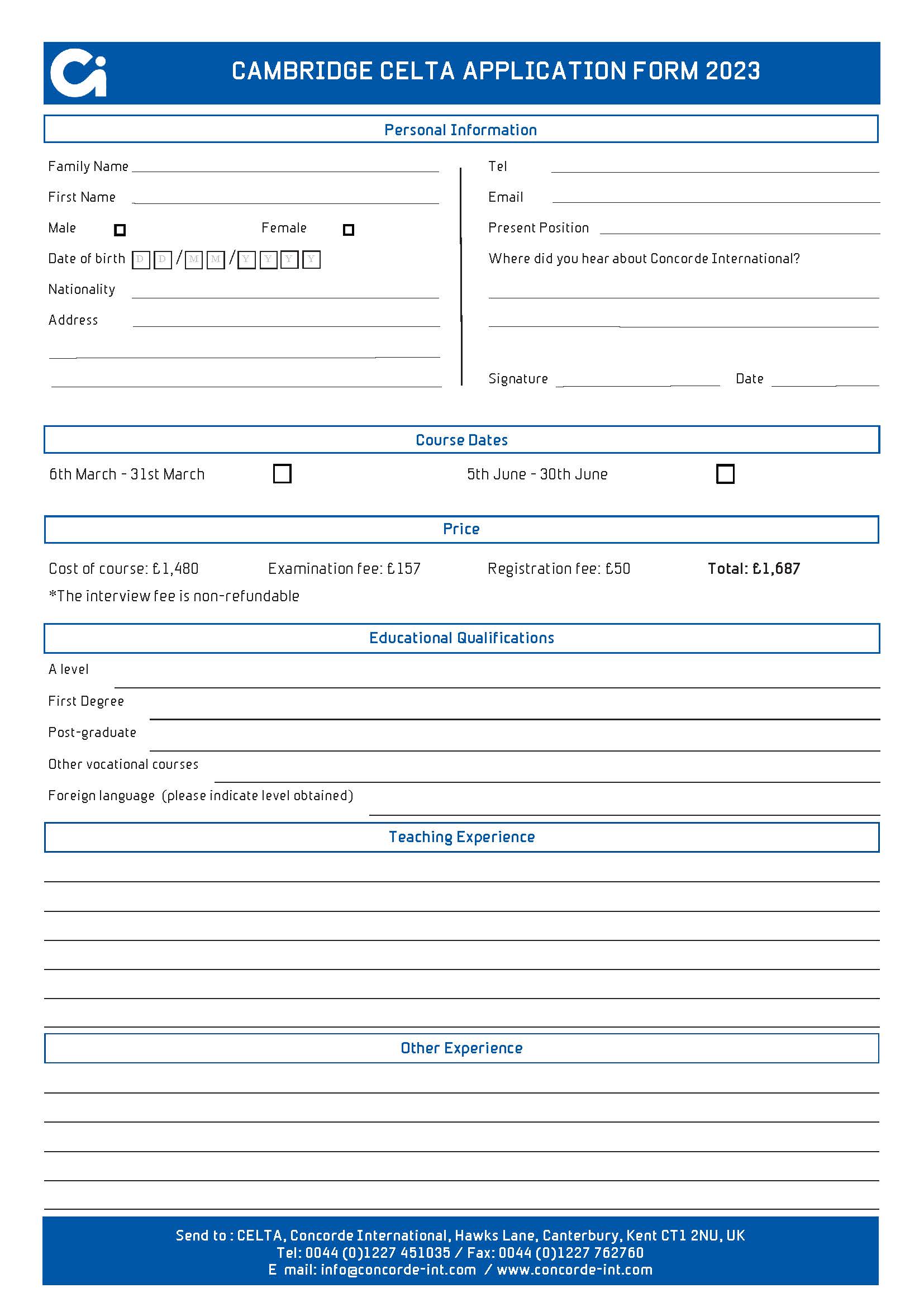 Application forms - Concorde International